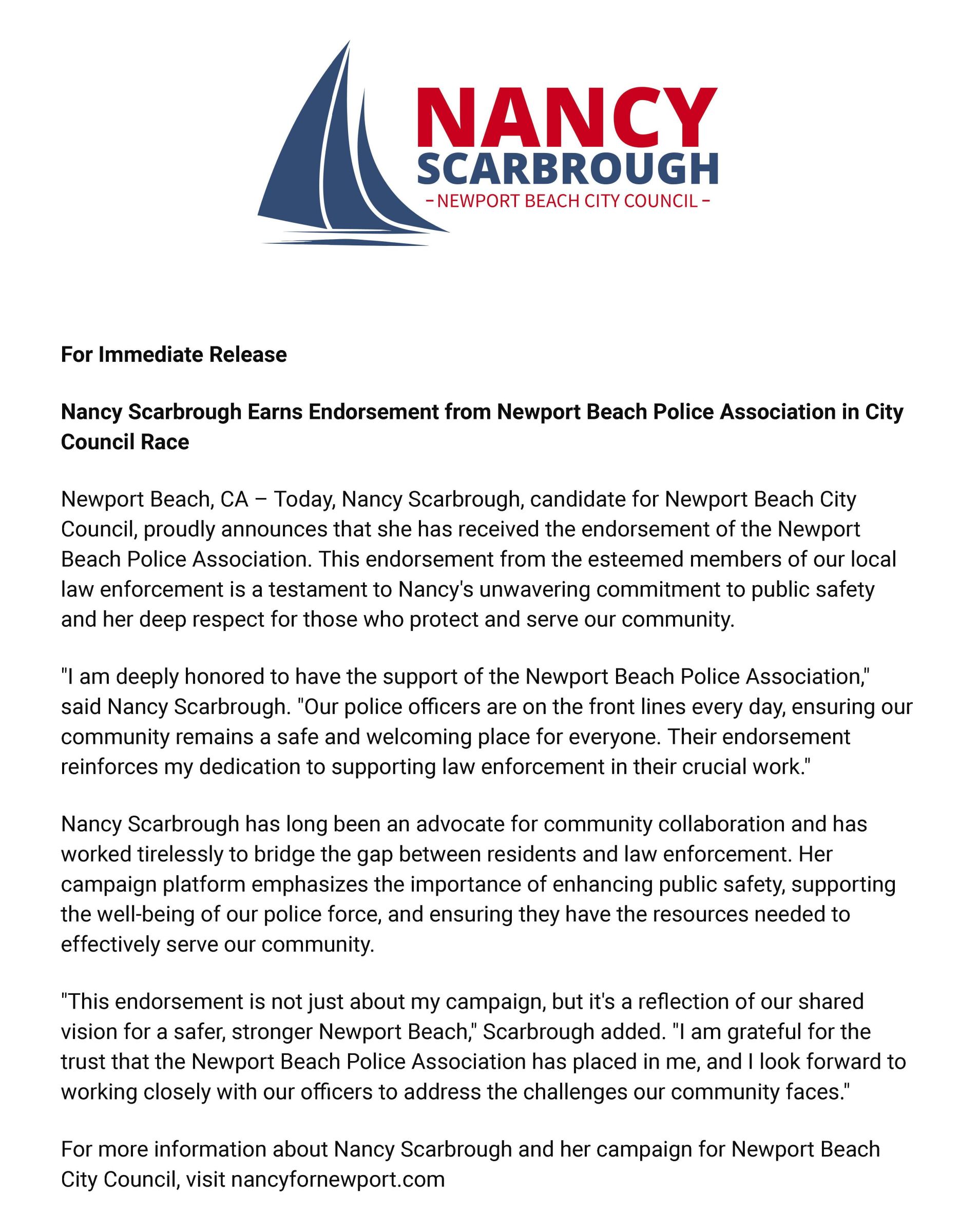 Newport Beach Police Association | Nancy Scarbrough for City Council ...